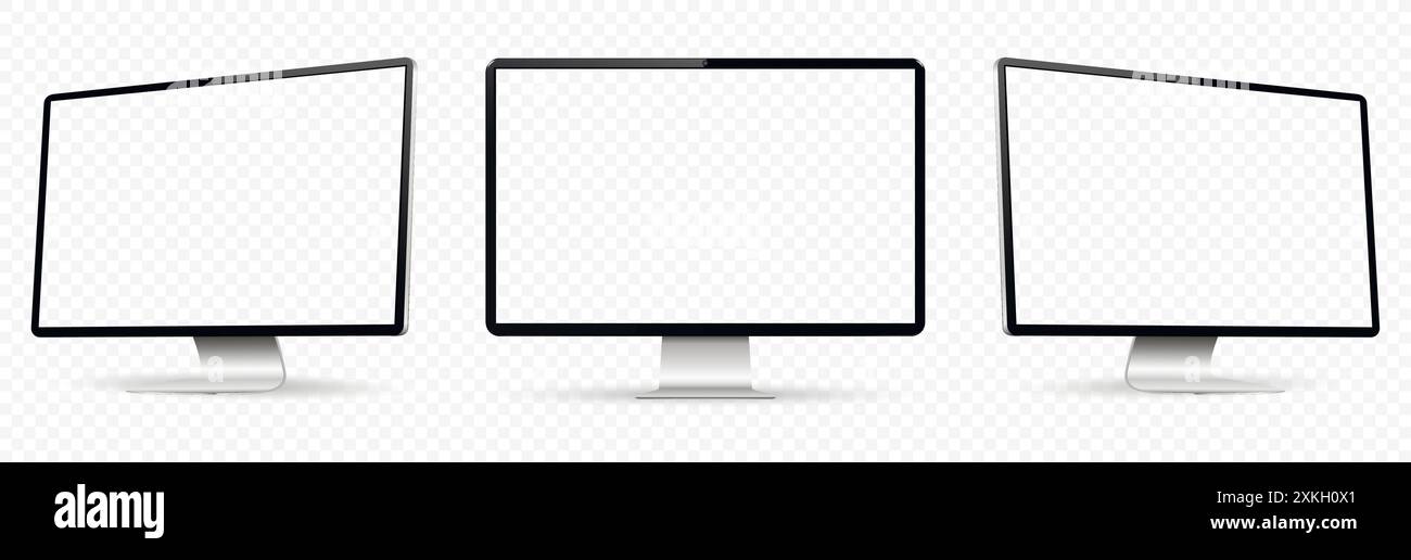 Computer display on three sides with transparent screen. Realistic computer screen mockup ...