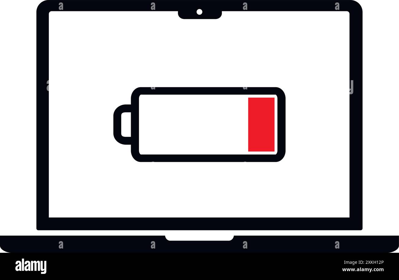 Laptop computer with low battery sign on screen, vector illustration ...
