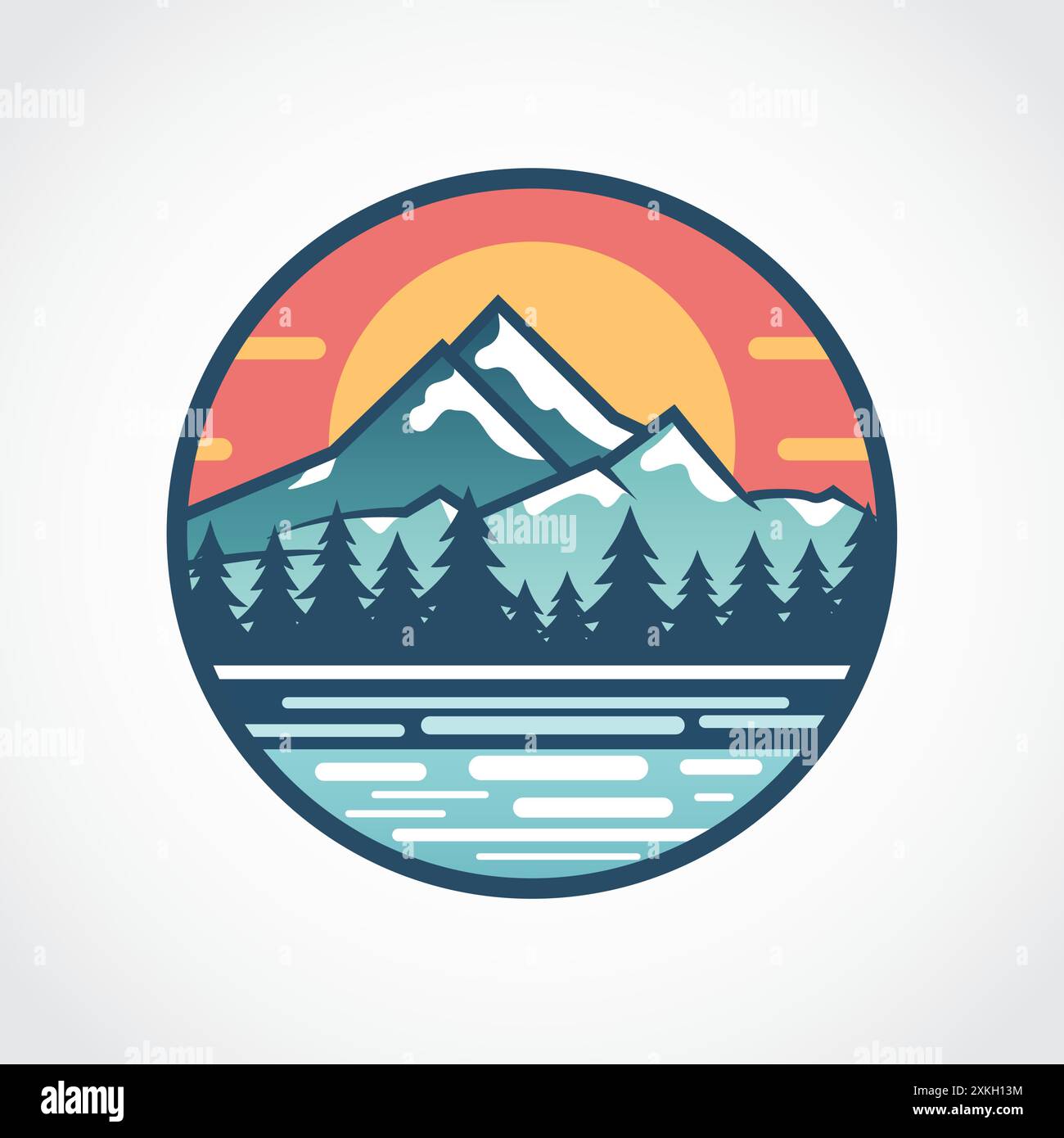 mountain and forest with sun and lake in circle symbol Stock Vector ...