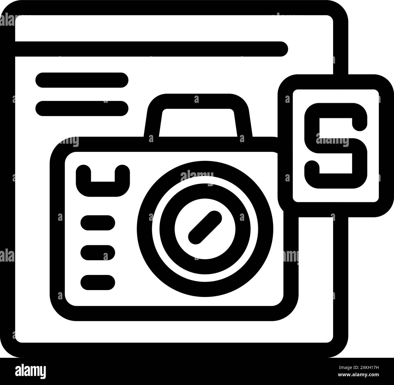 Bold, black outline icon of a digital camera inside a web window ...
