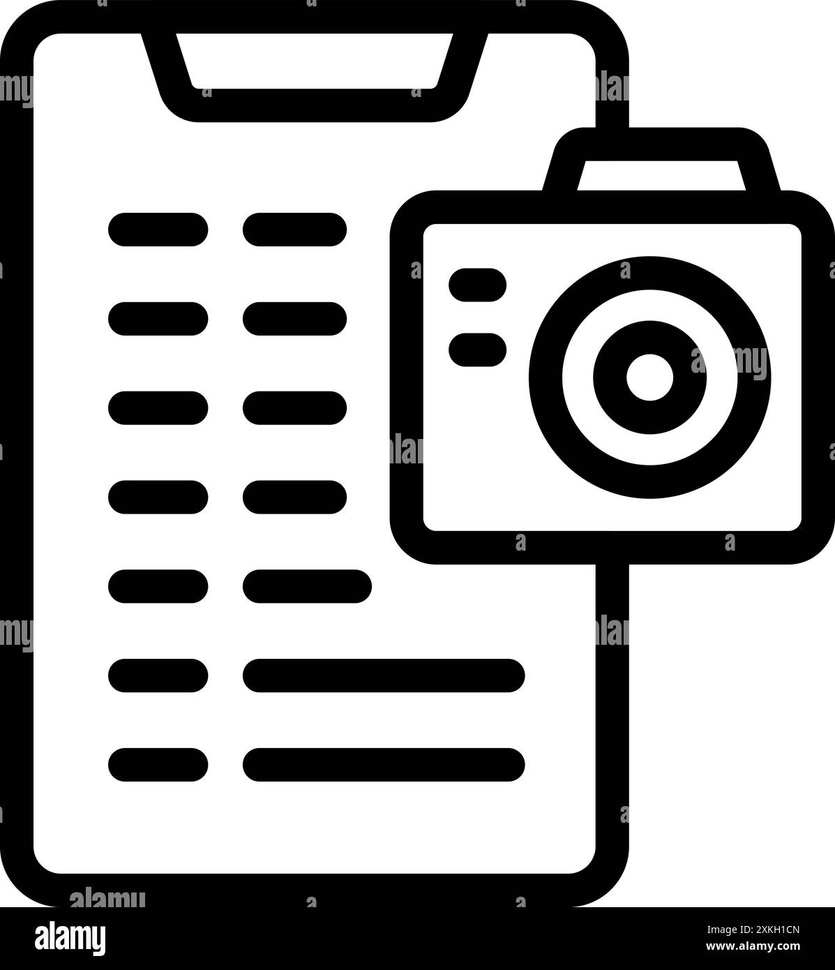 Line icon of a camera taking a picture and a clipboard with notes about ...