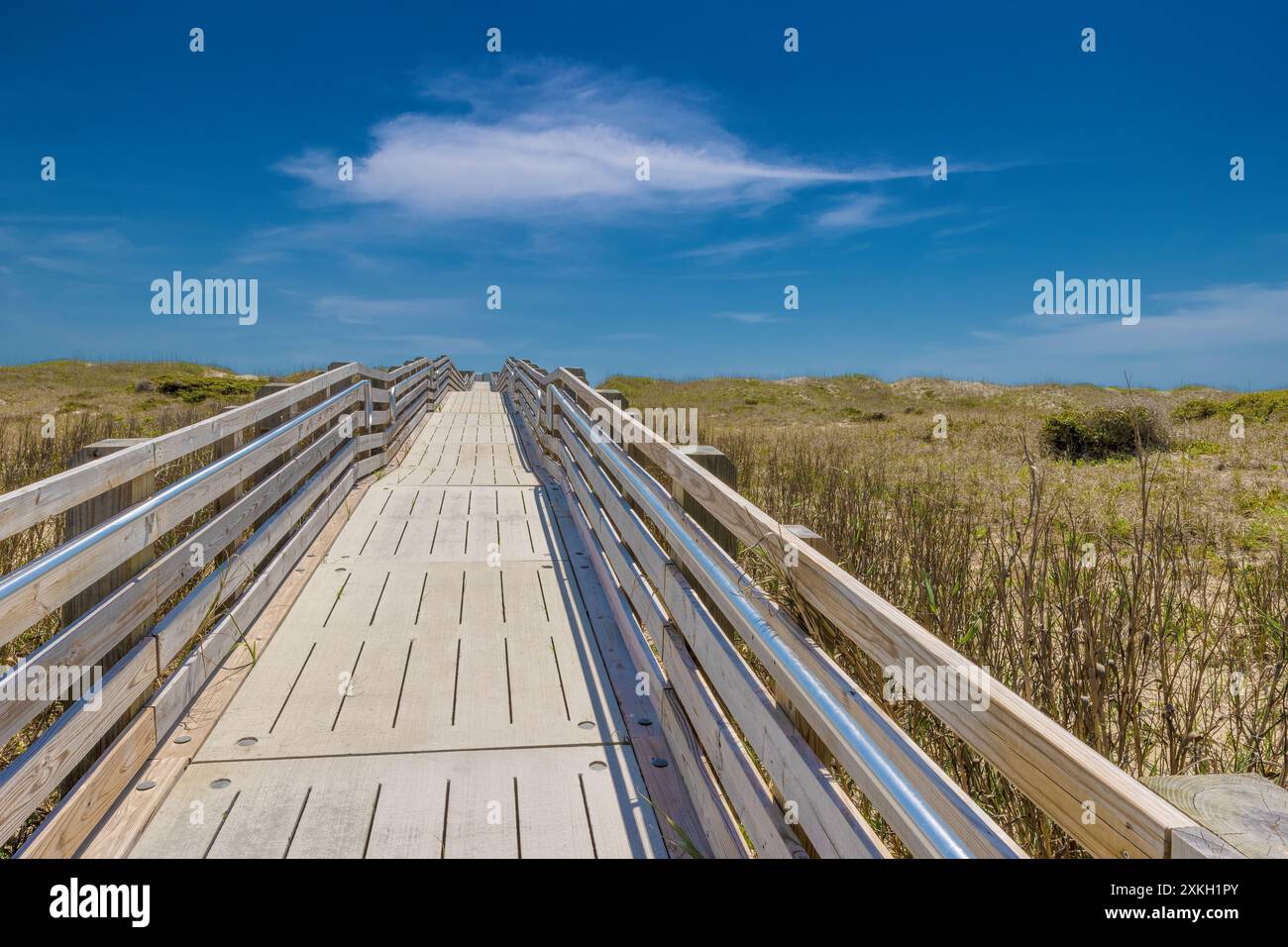 Wooden ramp leads to the top of a grass covered sand dune where a view ...