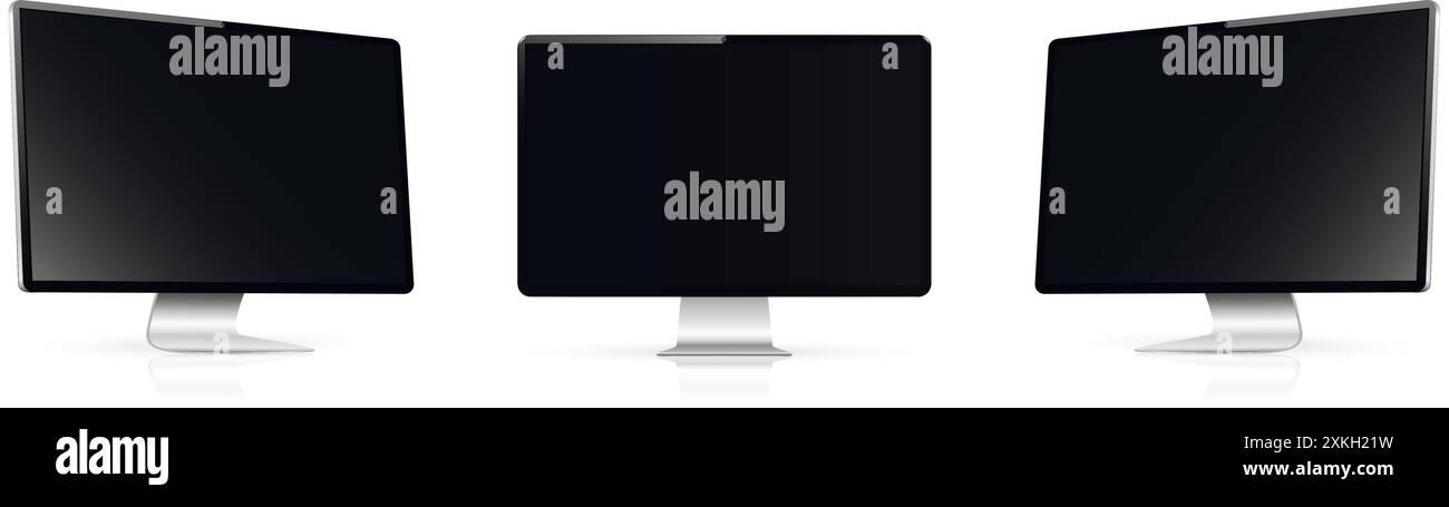 Computer screen mockup. Computer display on three sides with black screen isolated. Vector ...