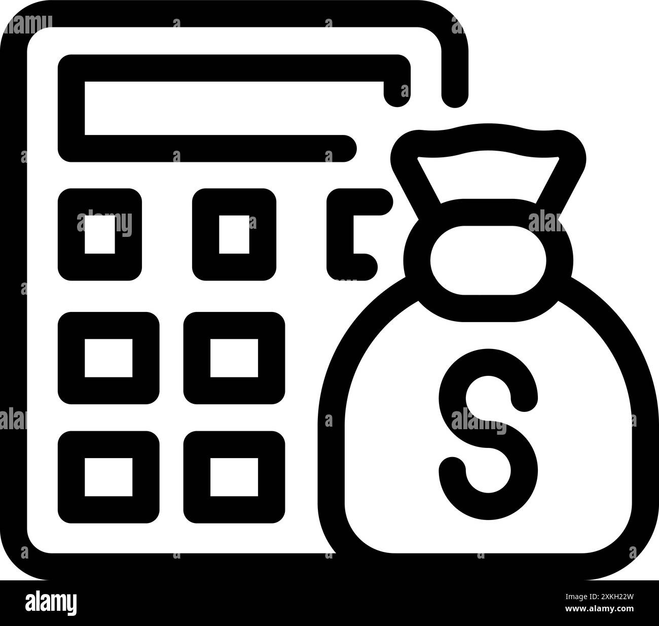 Calculator is calculating a money bag, representing savings, costs ...
