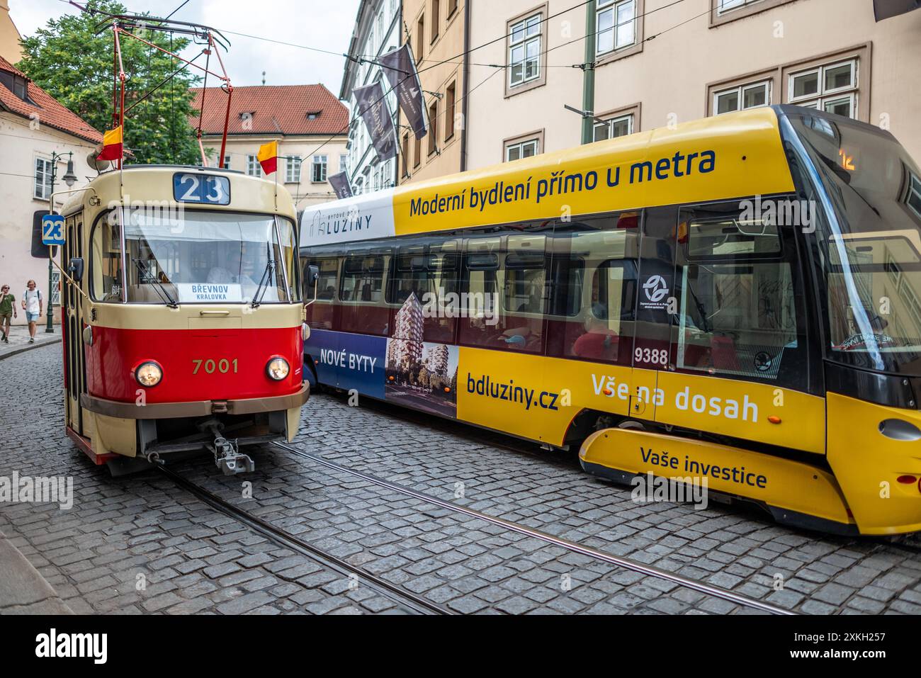 Vintage and modern trams, public transportation in the streets of ...
