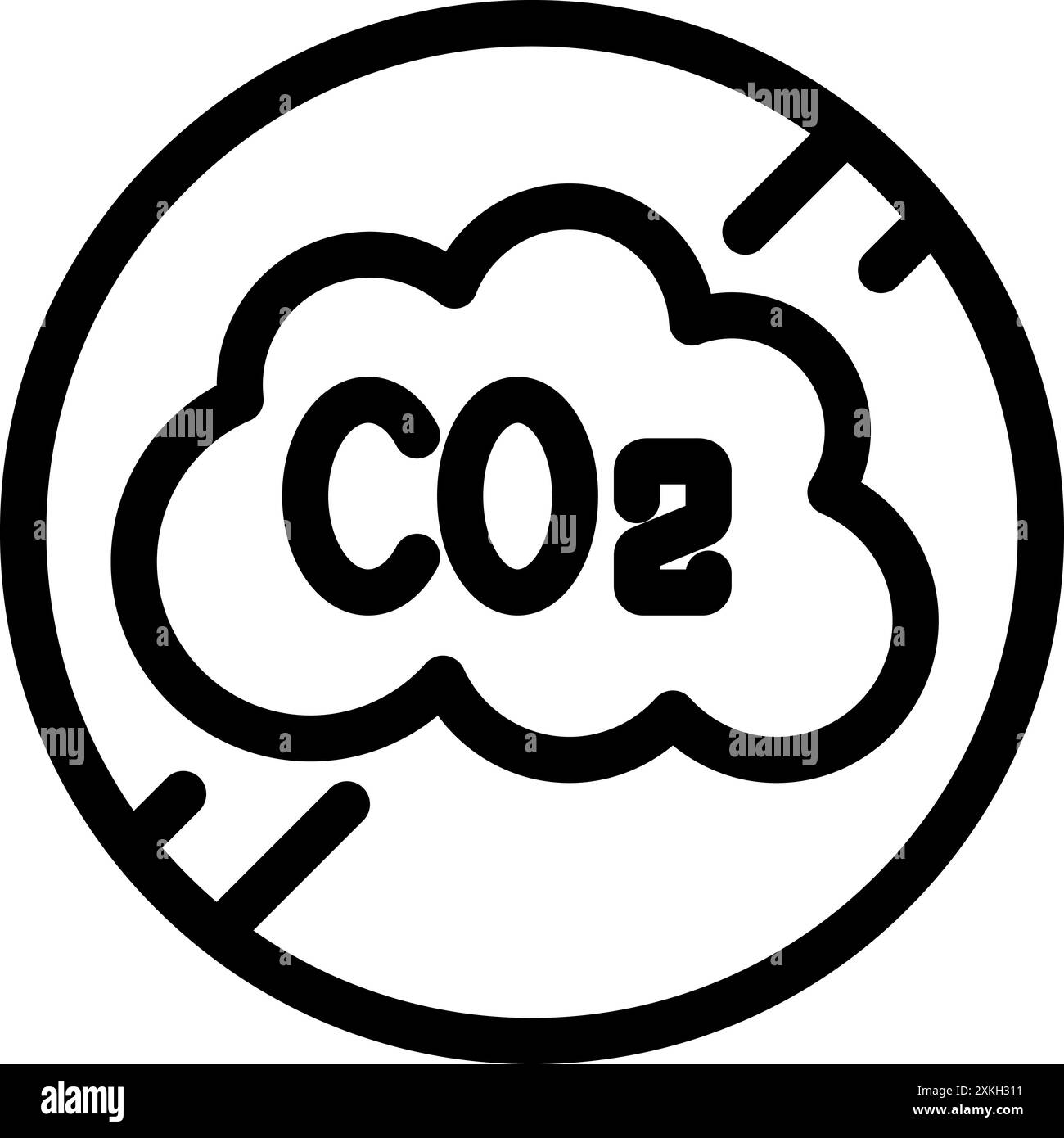 Simple bold line icon of a cloud with co2 text crossed out inside a circle for sustainability ...