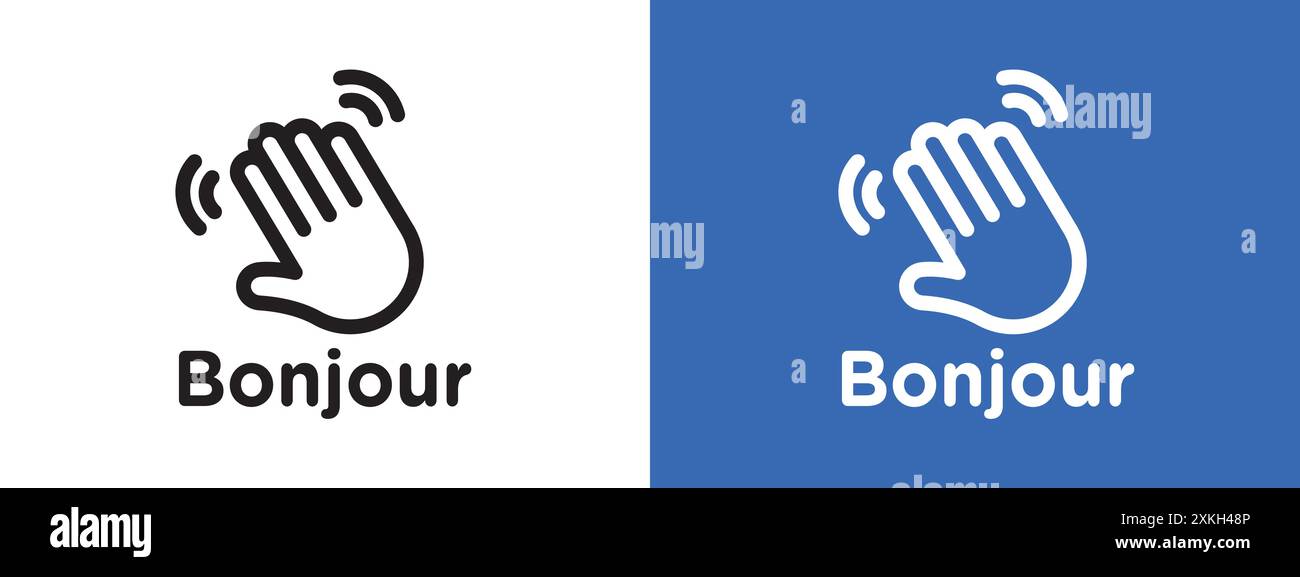 Bonjour text with hand wave icon logo sign vector outline in black and ...