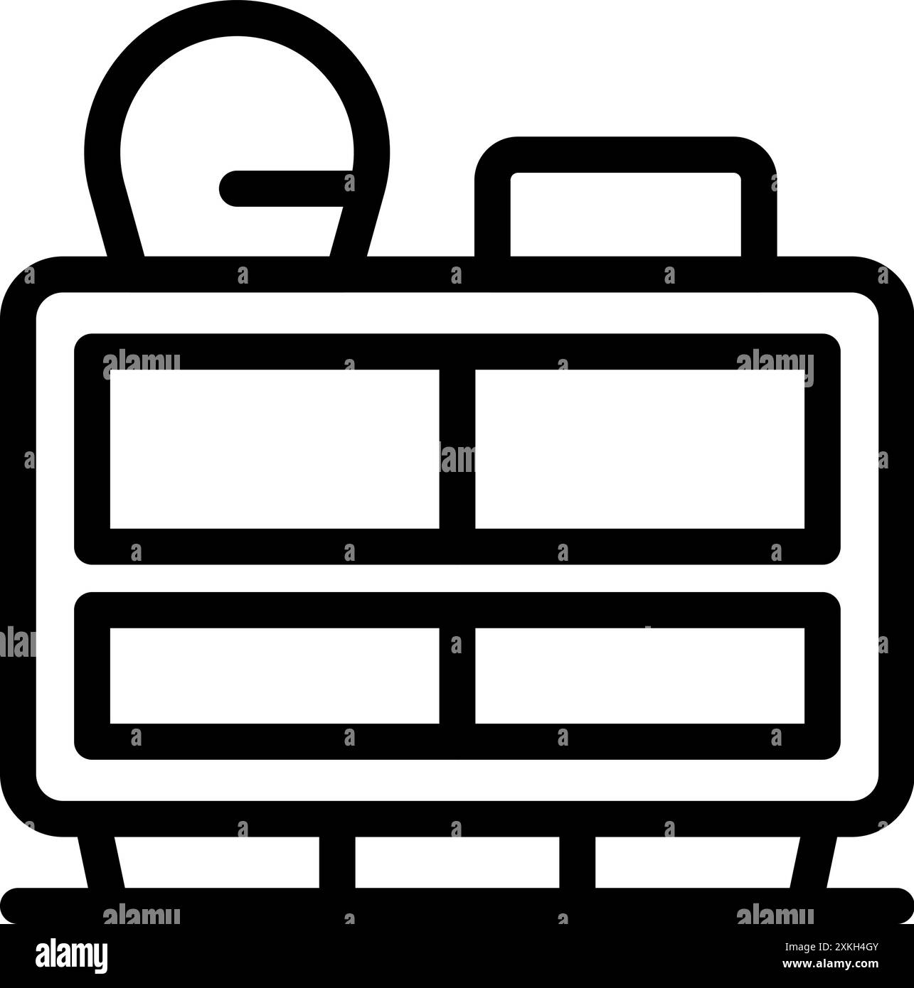 Simple line art icon depicting a shelf unit holding a clock and books ...