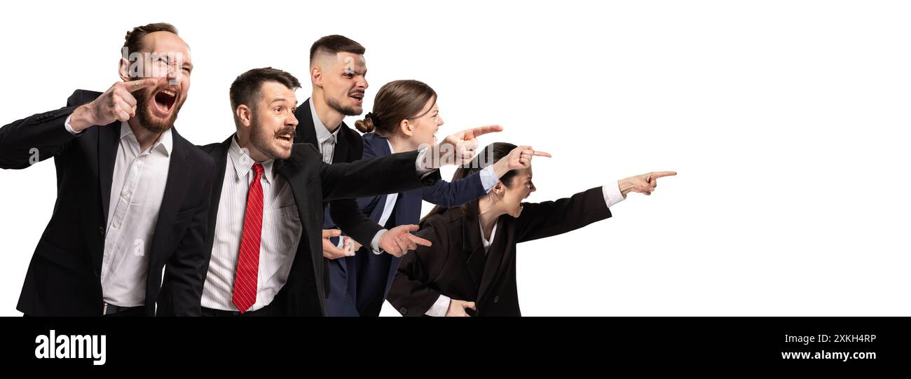 Debates. Group of people dressed formal attire passionately point and ...