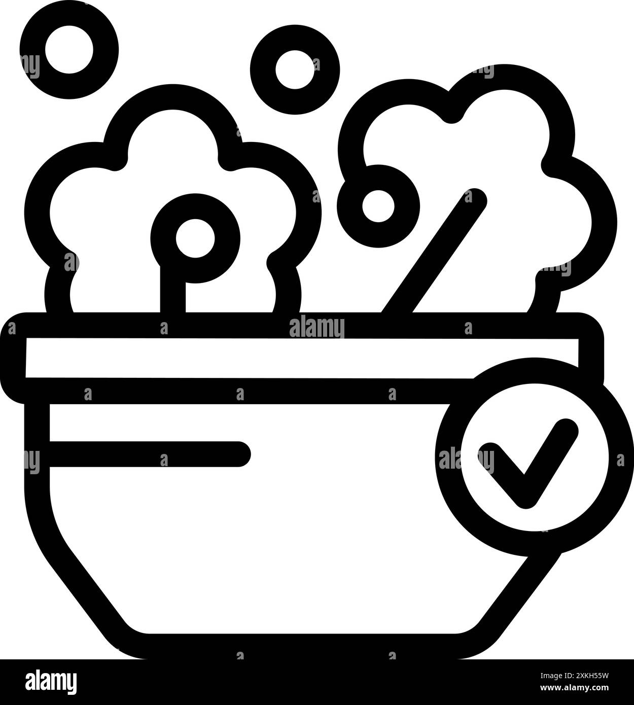 Line icon of bowl releasing steam with checkmark, representing ...
