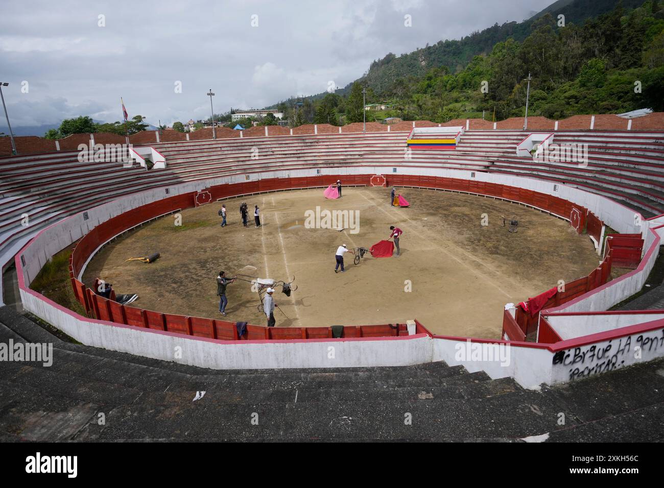 Colombian bullfighter Sebastian Caqueza, 33, center, trains the the ...