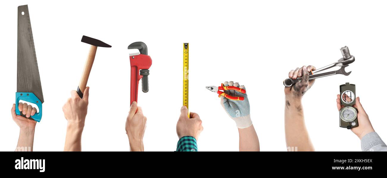 Different professions. Many various tools in people's hands isolated on ...