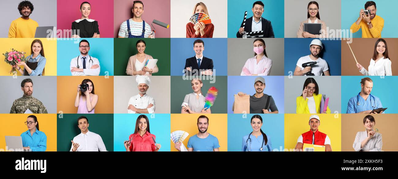 People of different professions. Collage with portraits on various ...