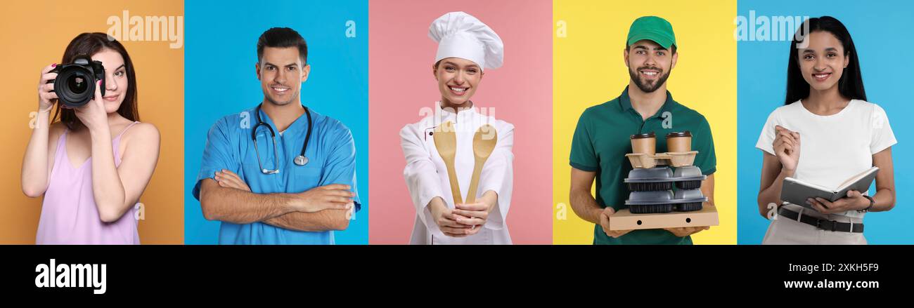 People of different professions. Collage with portraits on various ...
