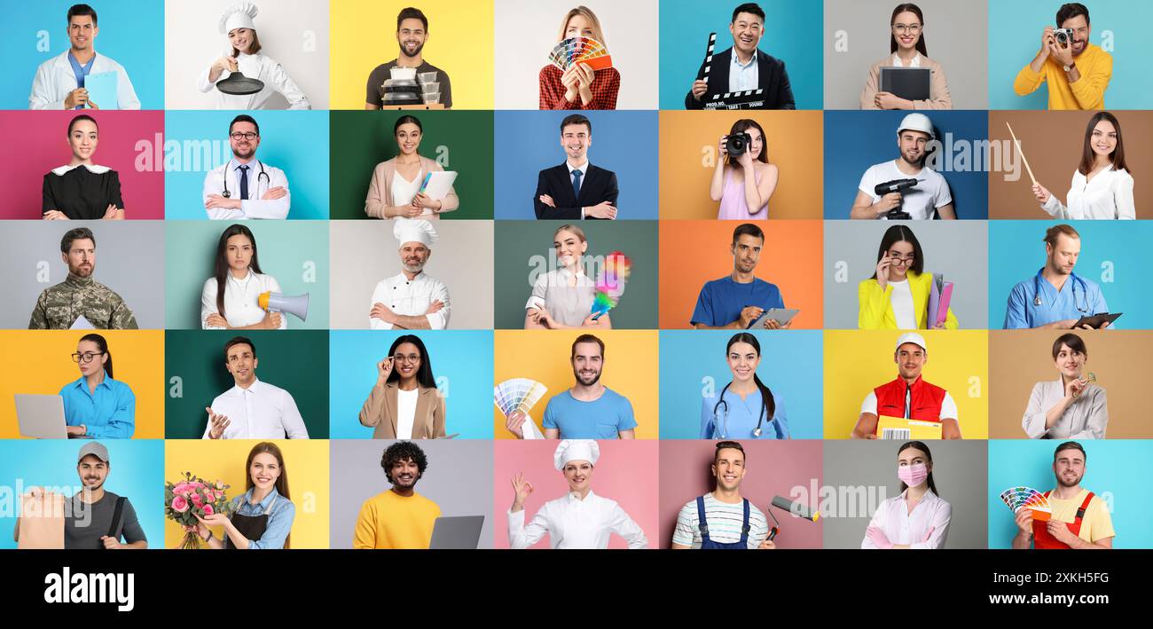 People of different professions. Collage with portraits on various ...