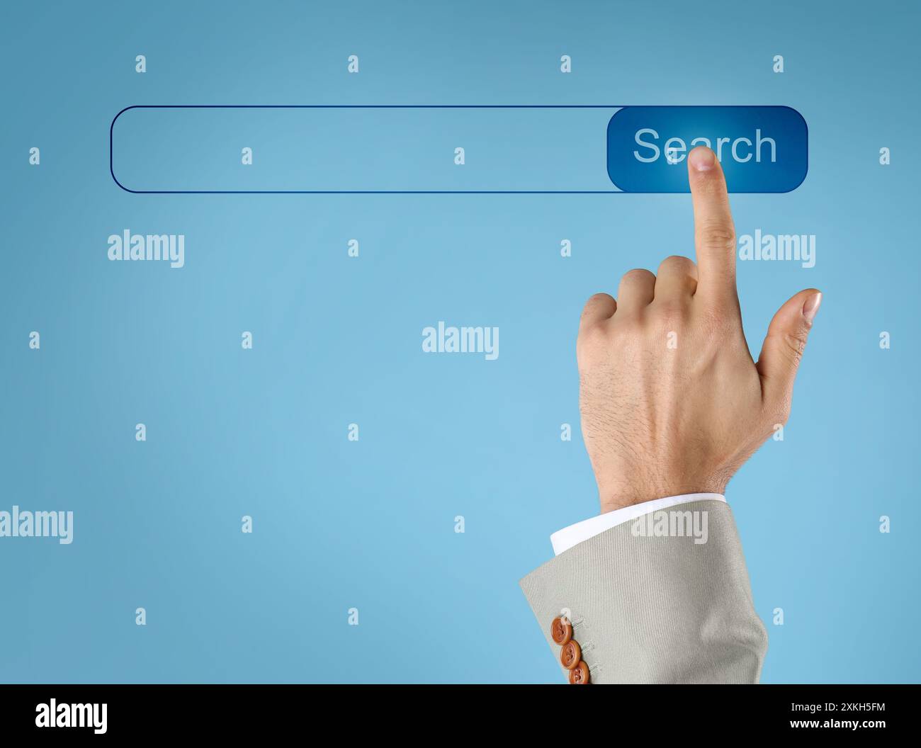 Man using search bar on virtual screen against light blue background ...