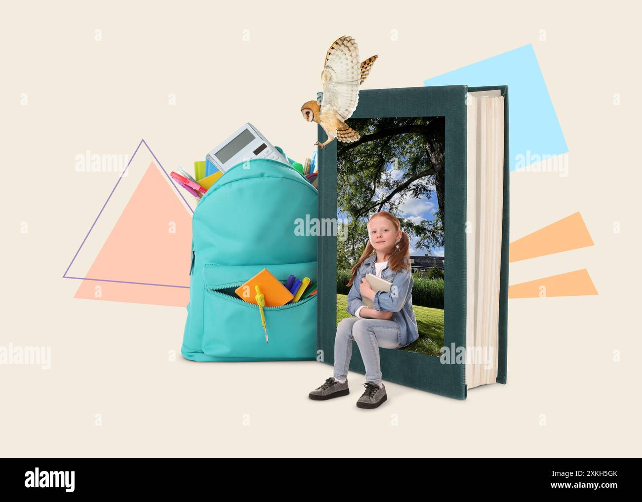 Creative collage with girl appearing from book cover on color ...