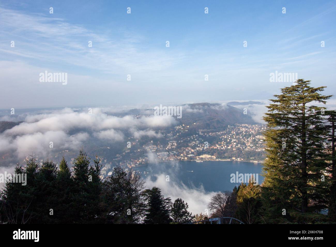 Lake Como below under the clouds, Italy, February. View from Brunate ...