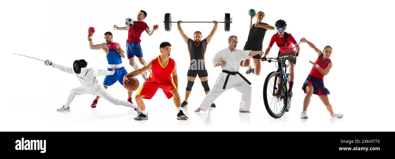 Dynamic collage. Athletes engaged in various sports fencing, boxing ...
