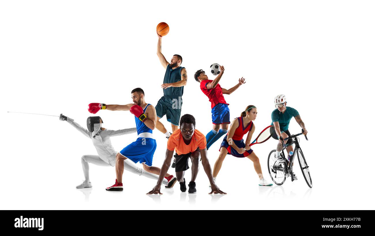 Dynamic collage. Athletes in various sports fencing, boxing, basketball ...
