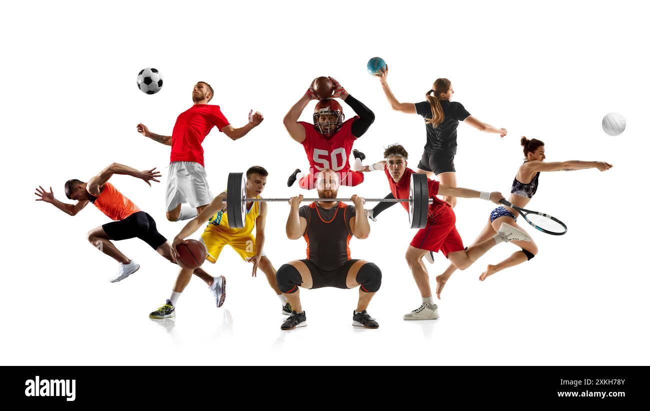 Dynamic collage. Athletic young people performing various kinds of ...