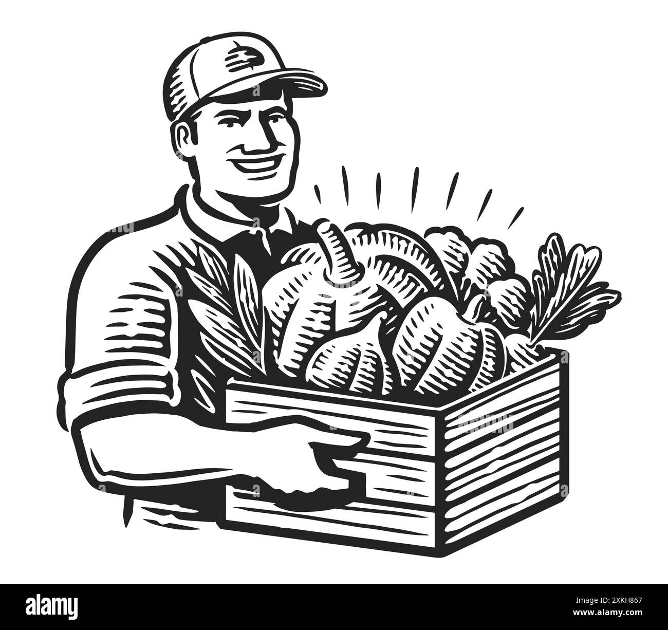 Farmer holding wooden box with fresh vegetables. Organic farm food ...