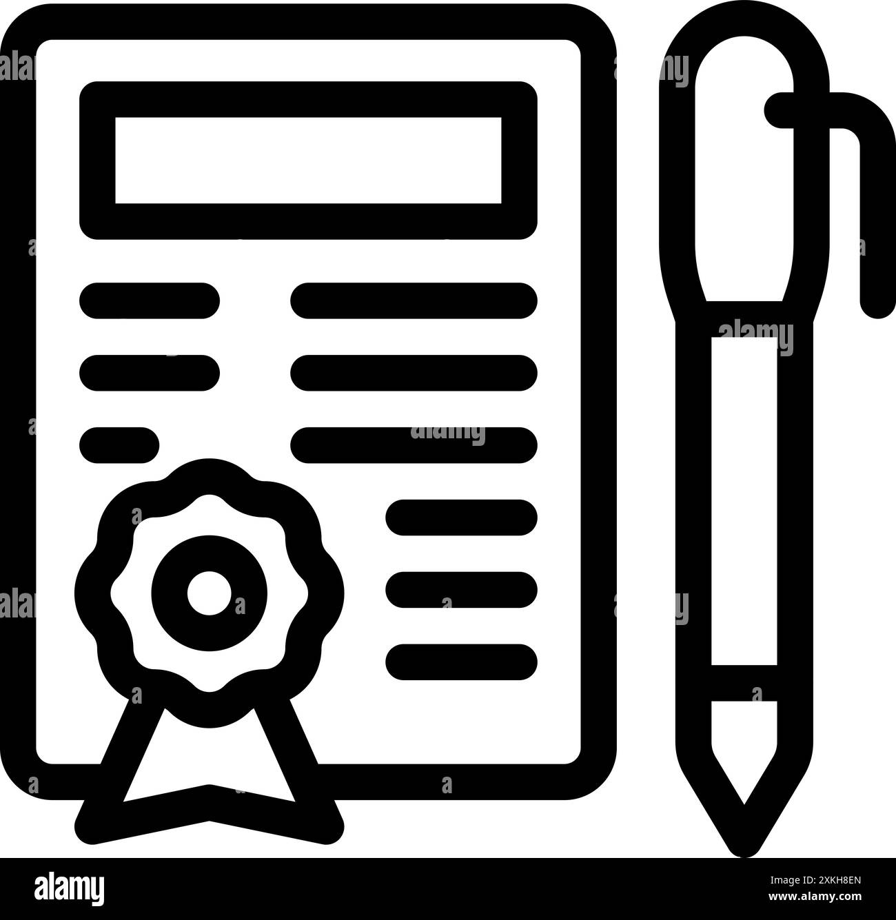 Black and white icon of an official document being signed with a pen, symbolizing agreement ...