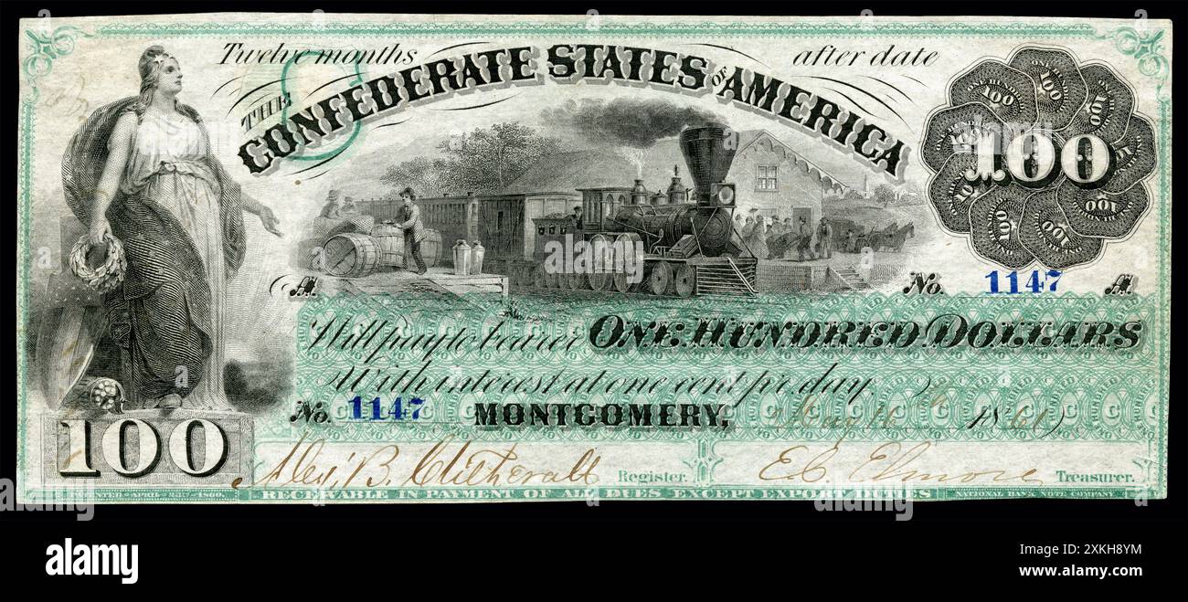 $100 Confederate States of America note from 1861, showing Ceres or ...