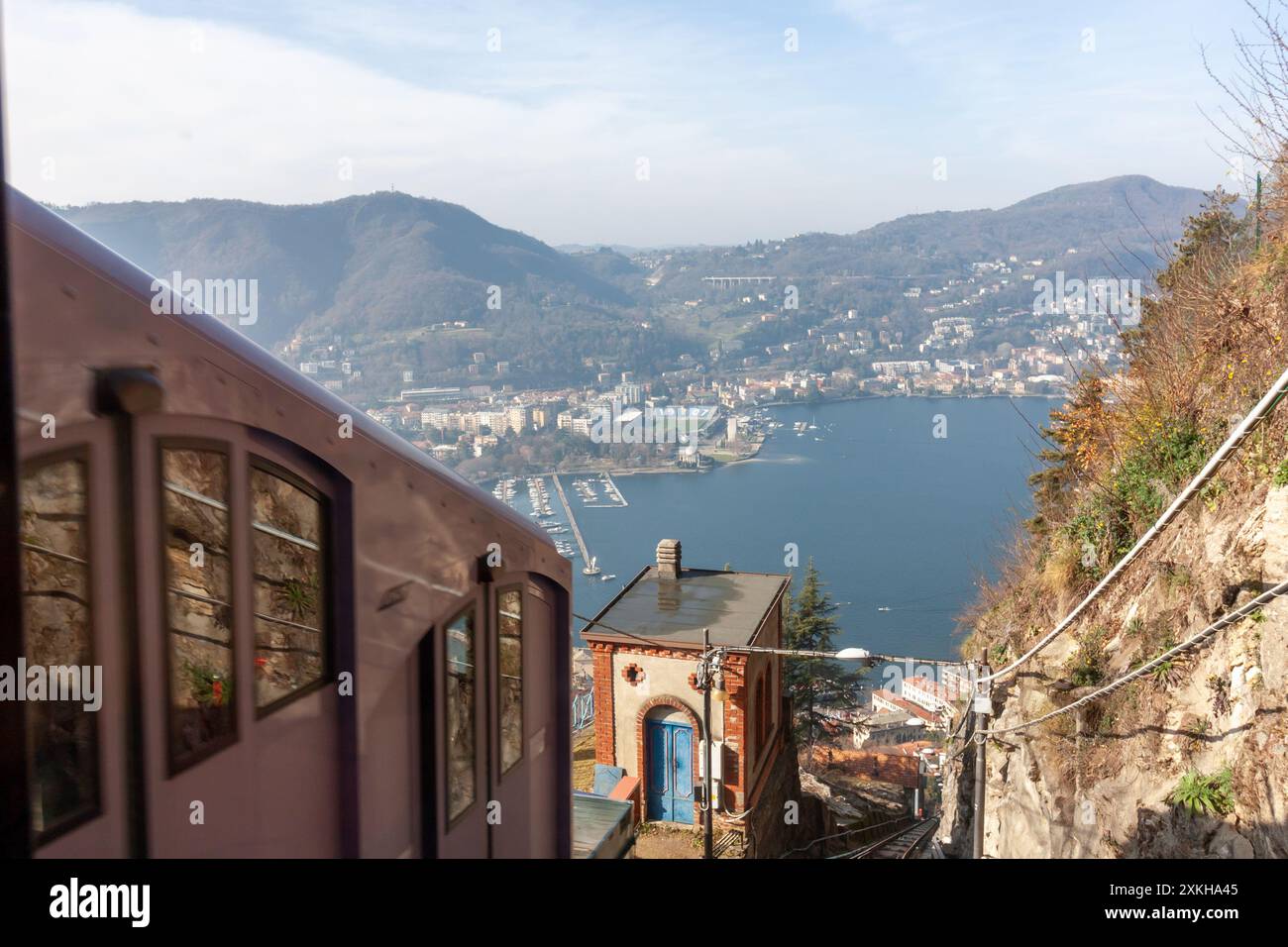 Descent on the Brunate-Como funicular. View from the cockpit, Italy ...
