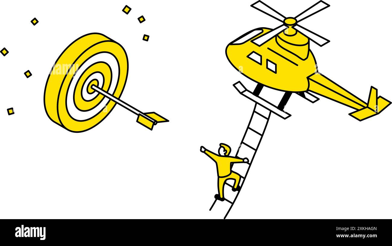 Business goal image, man holding onto helicopter rope ladder to hit ...