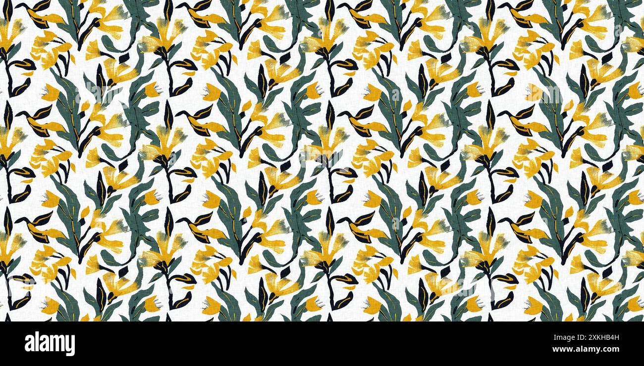 Modern printed fabric flower block print pattern with linen texture ...