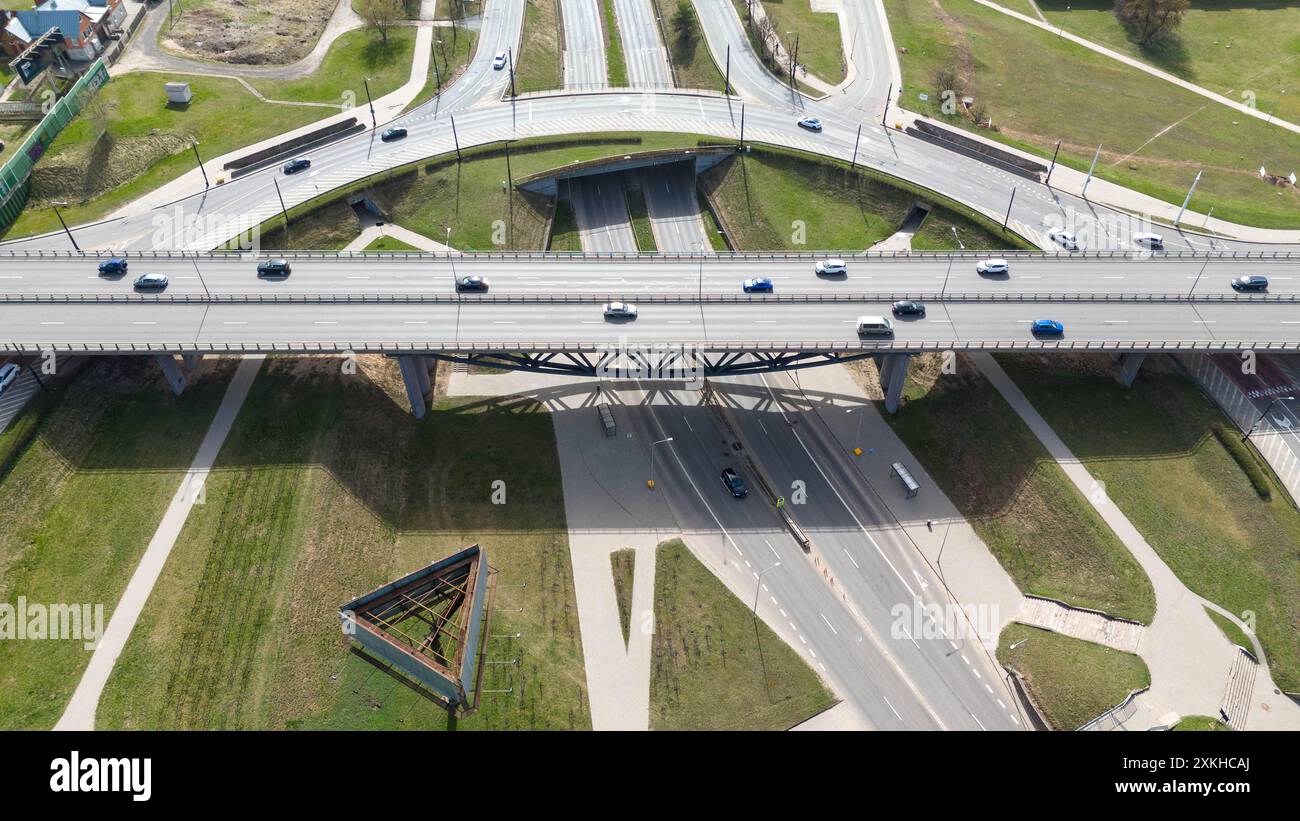 Drone photography of multiple lane highway and overhead bridges with ...