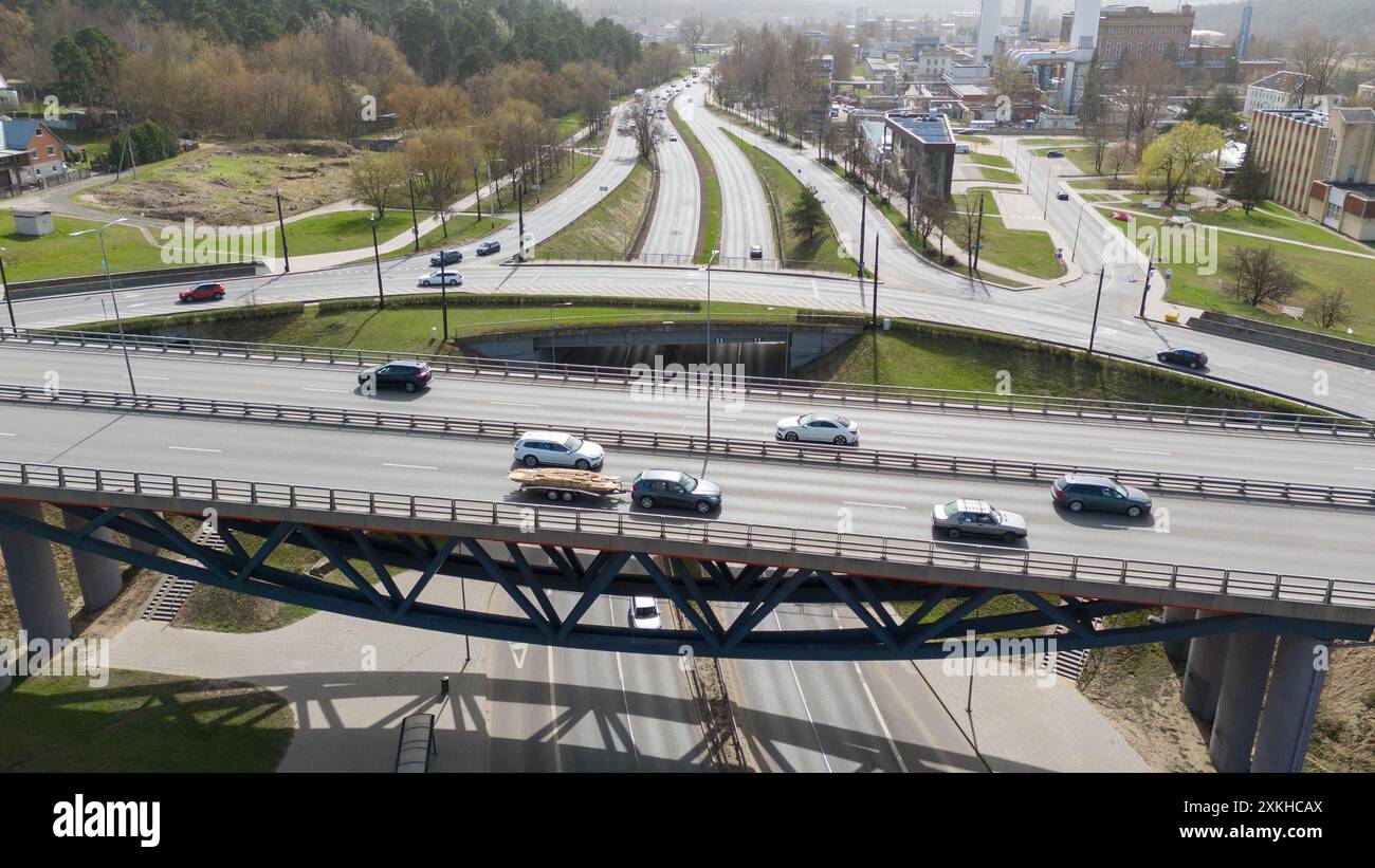 Drone photography of multiple lane highway and overhead bridges with ...