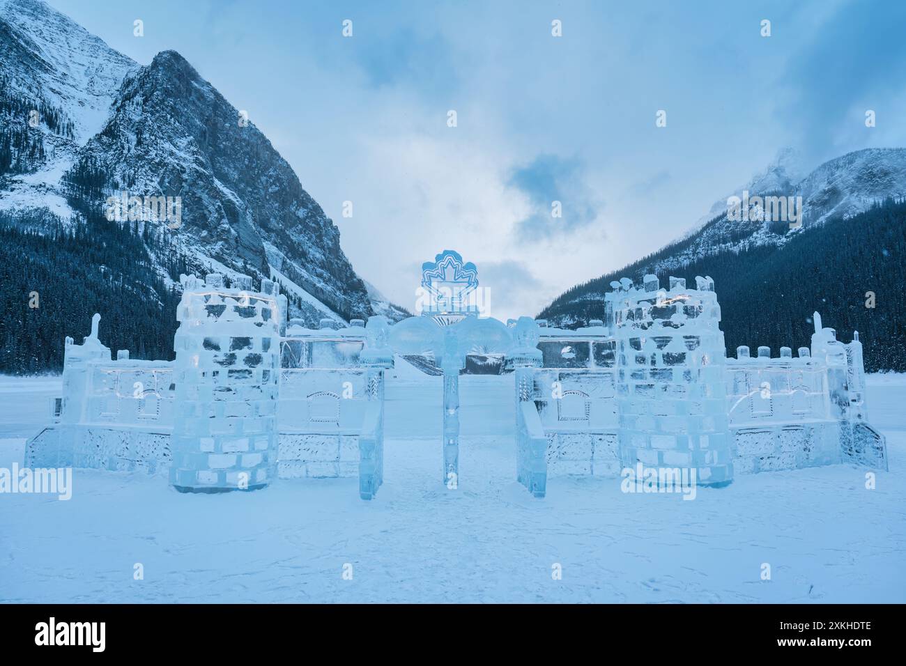 Skating rink and carved ice castle on Lake Louise in winter at Alberta ...