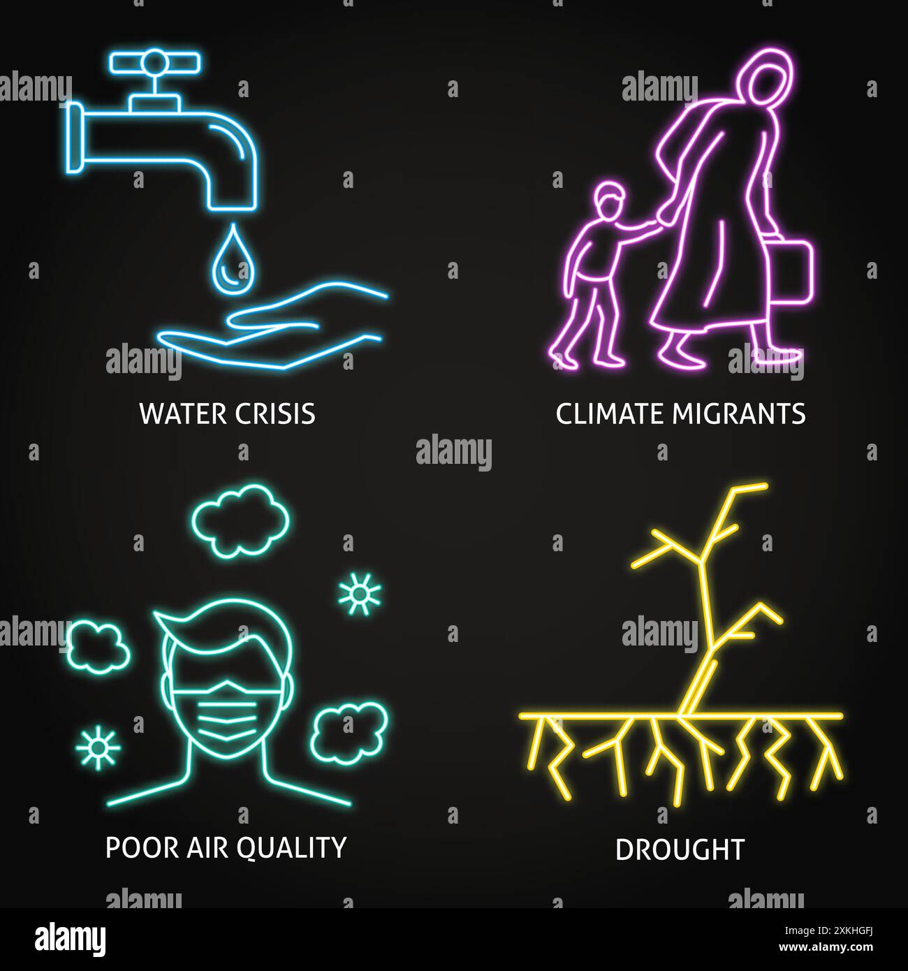 Climate change consequences neon icon set. Water crisis, poor air ...