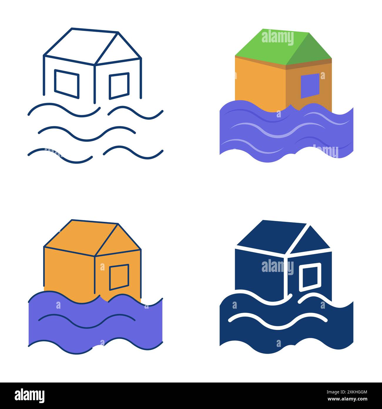 Flooding icon set in flat and line style. Global warming concept, drowning house. Vector ...