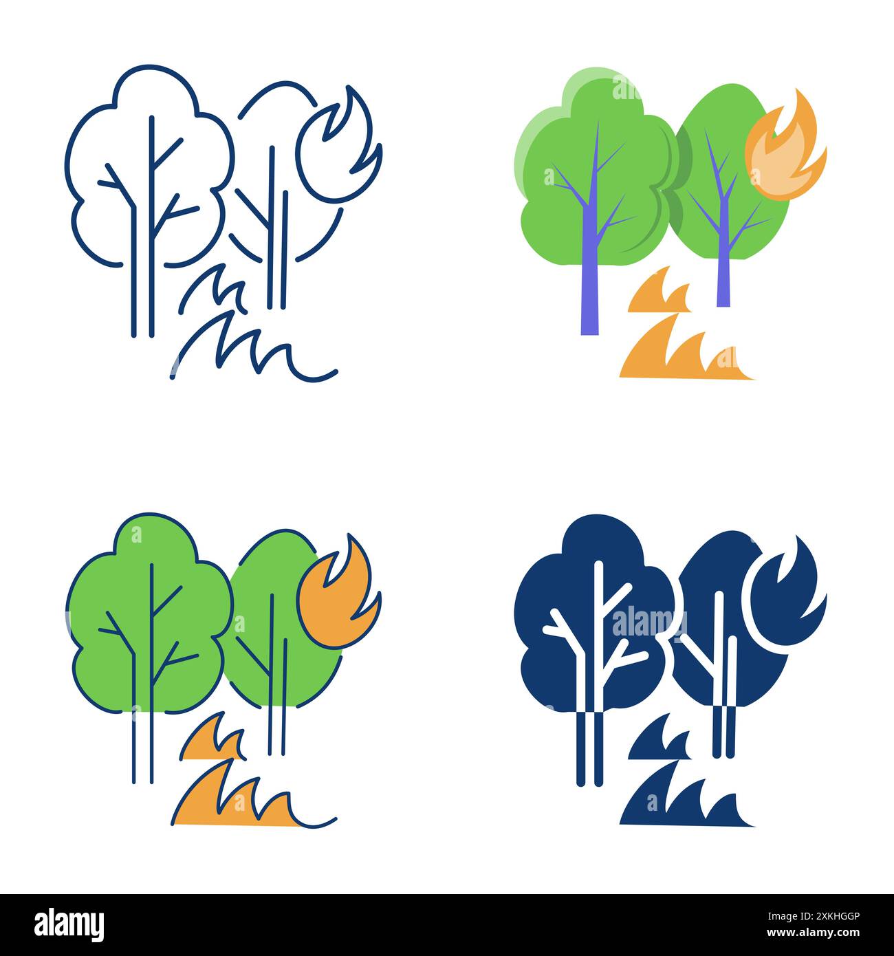 Forest fire icon set in flat and line style. Burning trees, wildfire ...