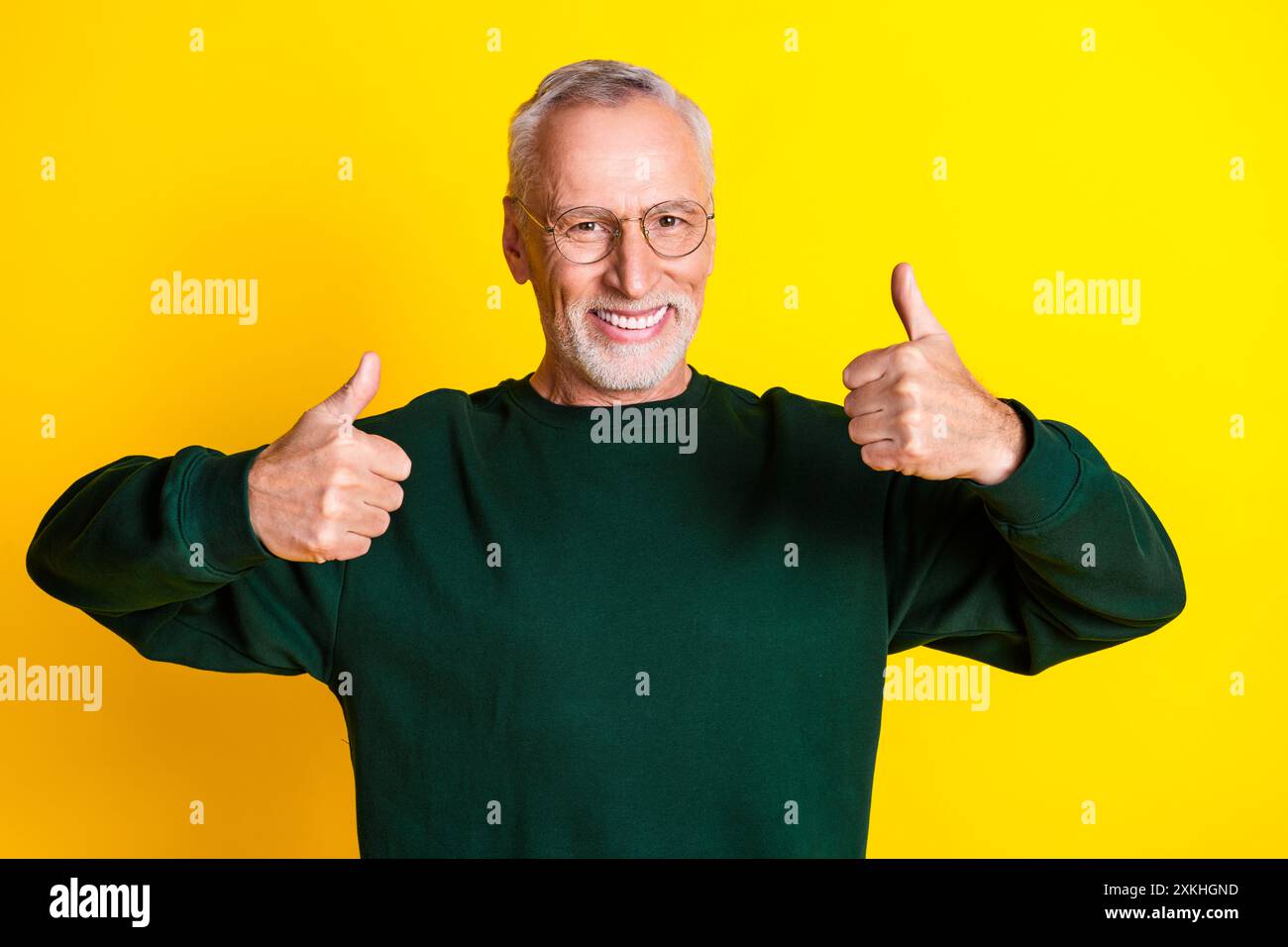 Photo portrait of handsome retired man thumb up wear trendy green ...