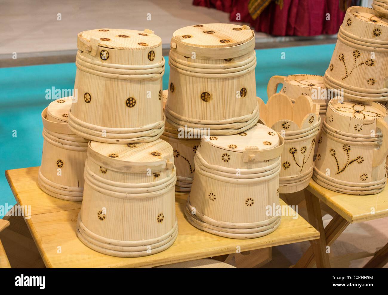 Set of buckets made of wood in a market place Stock Photo - Alamy