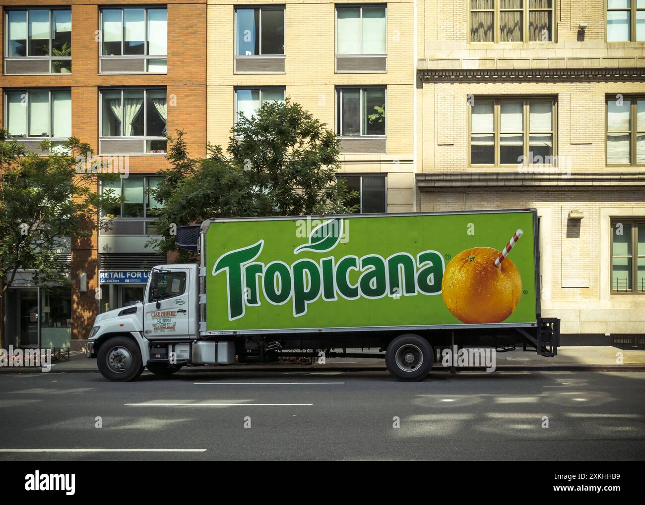 A delivery truck advertising Tropicana orange juice in Chelsea in New ...