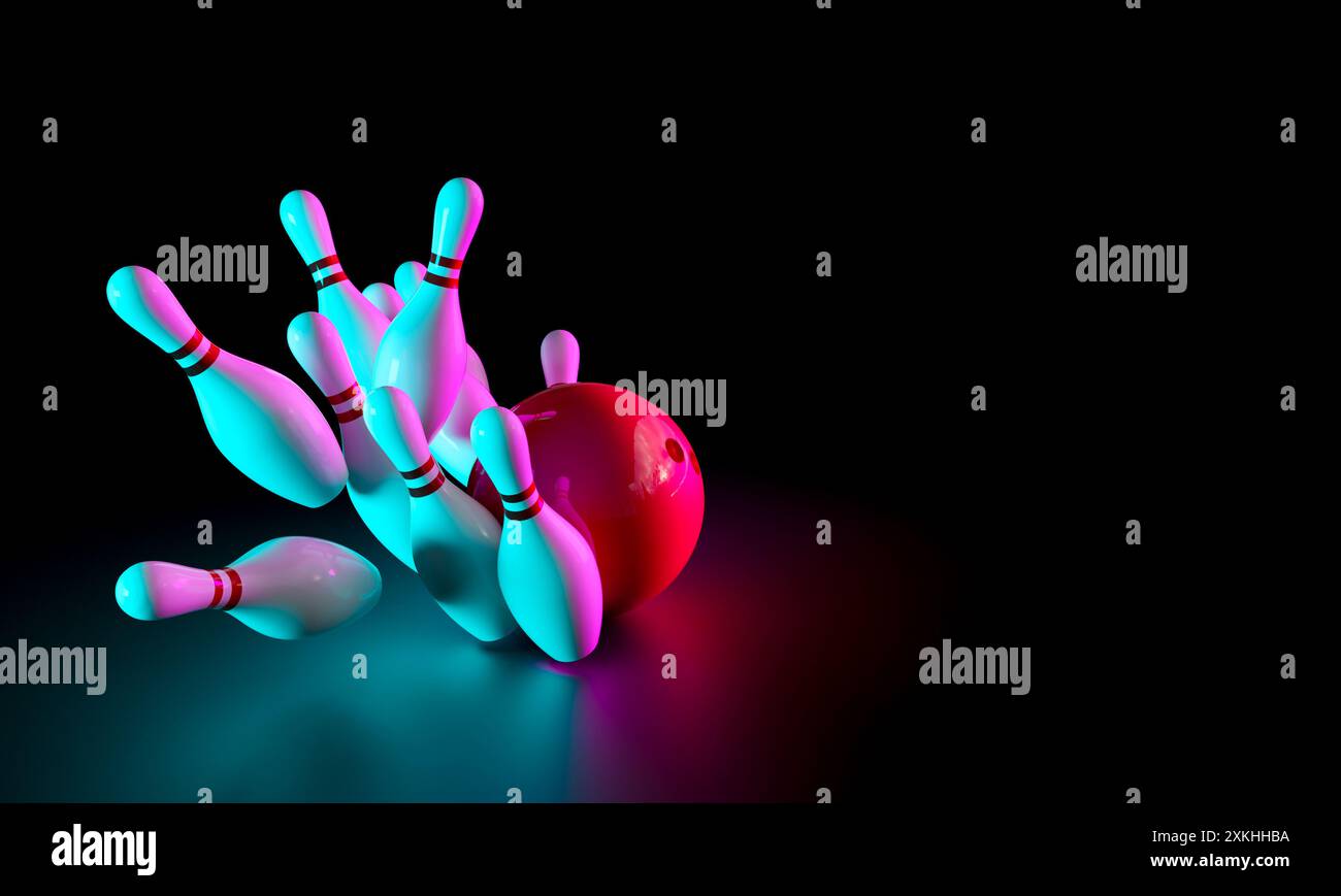 Bowling ball hitting pins neon lights reflecting black background 3d ...