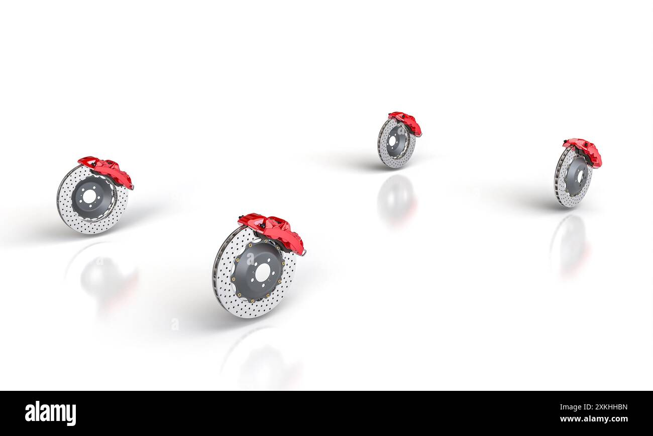 Red brake calipers metal brake discs white background 3d render Stock ...