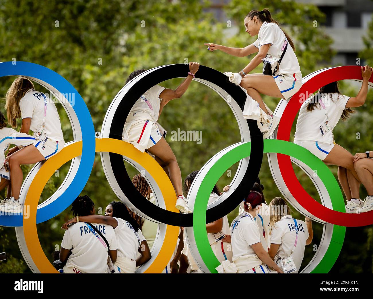PARIS - The Olympic rings in the Olympic Village of Paris before the start of the Games. The ...