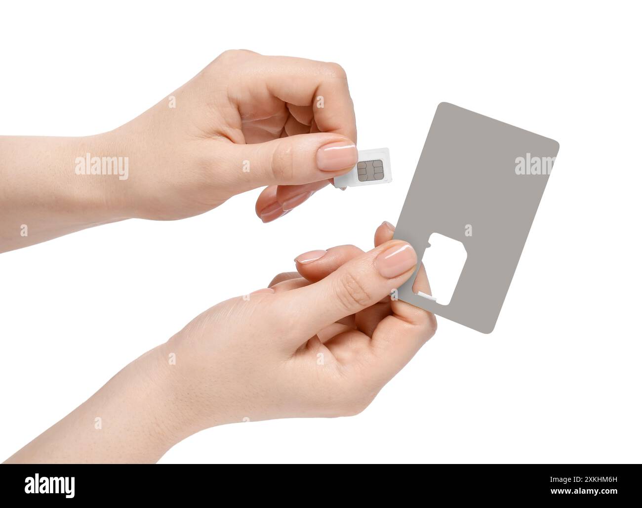 Woman removing SIM card from holder on white background, closeup Stock ...