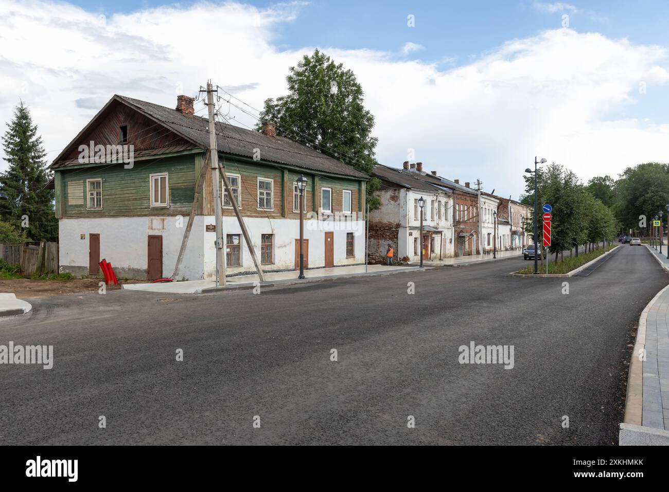 Valday, Russia - July 06, 2024: Street view with old wooden residential ...
