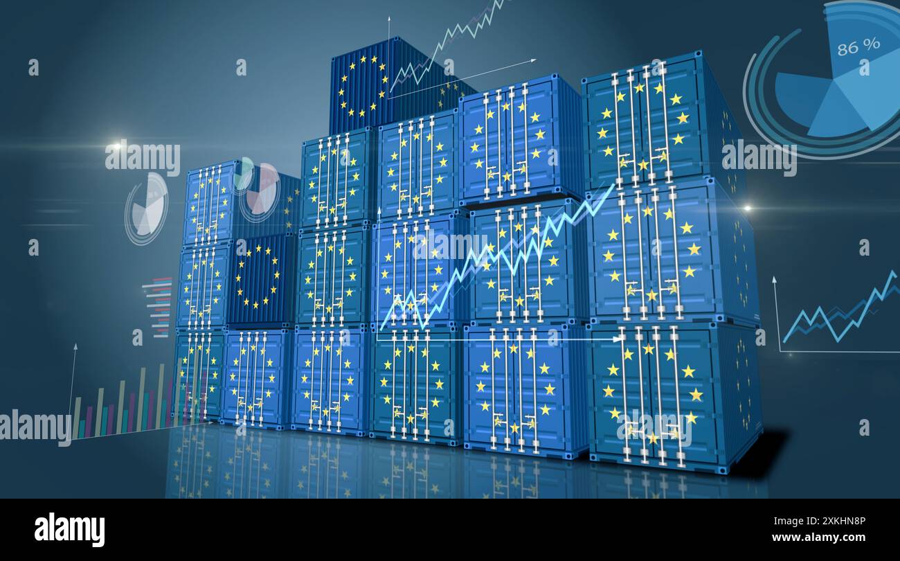 EU export production and import cargo containers on charts and diagrams ...