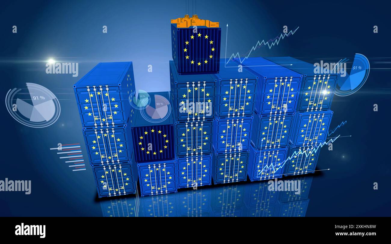 EU export production and import cargo containers on charts and diagrams ...
