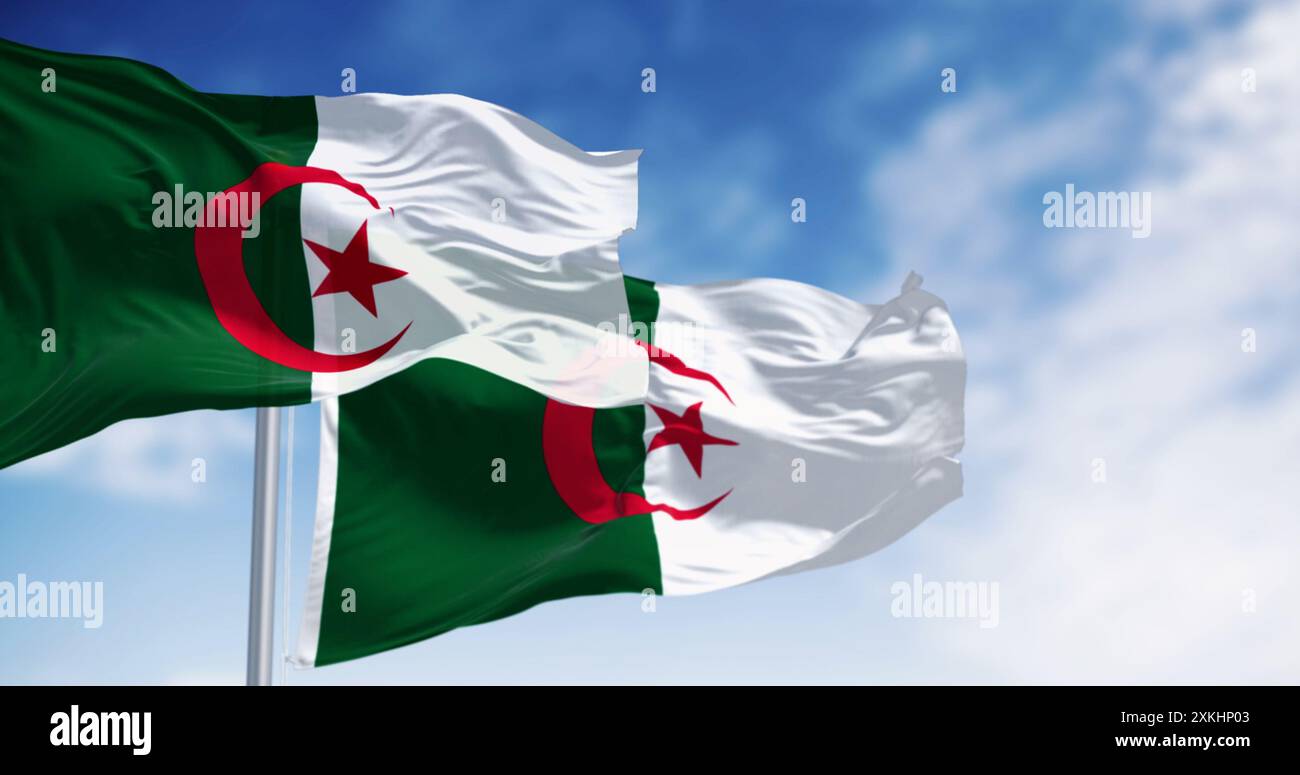 Algeria national flags waving in the wind on a clear day. Two vertical ...