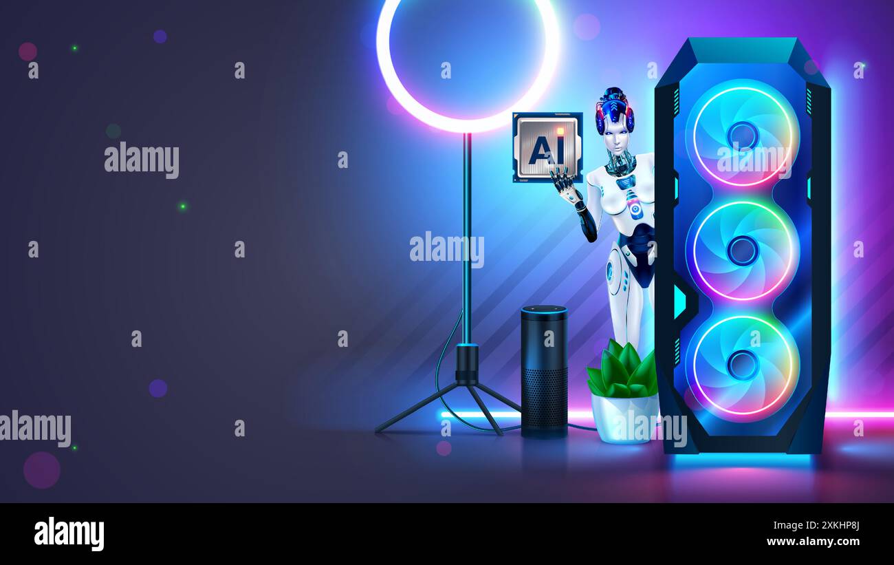 Gaming pc with AI chip. Desktop gaming computer with neon light on desk. GPU or CPU with AI or ...