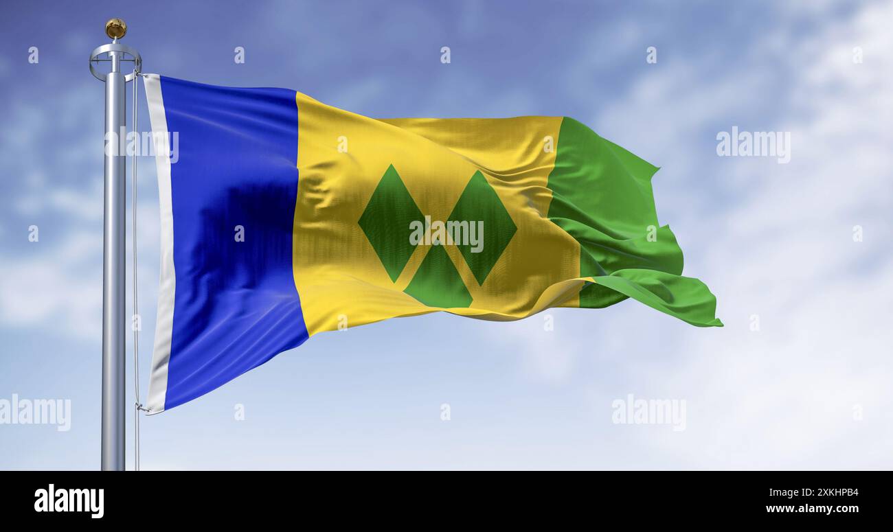 Saint Vincent and the Grenadines national flag waving. It is a state in ...